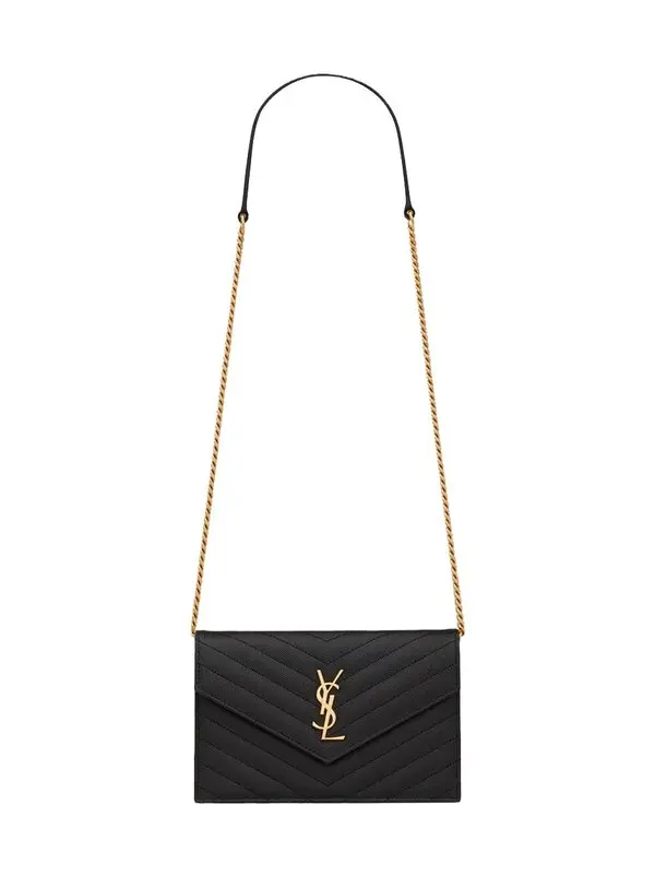 Saint Laurent Cassandre Envelope Chain Wallet In Grain De Poudre Leather - Black