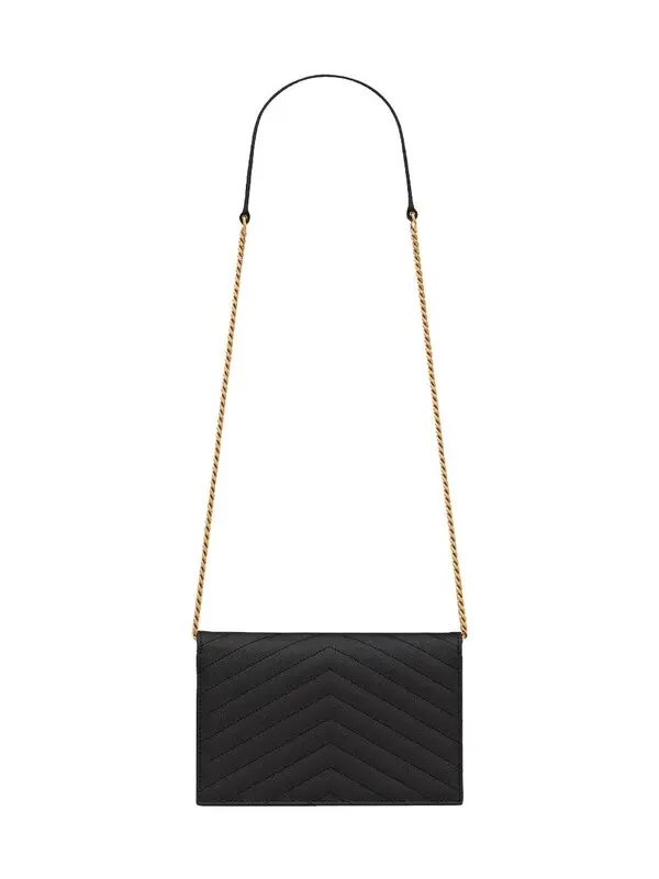 Saint Laurent Cassandre Envelope Chain Wallet In Grain De Poudre Leather - Black