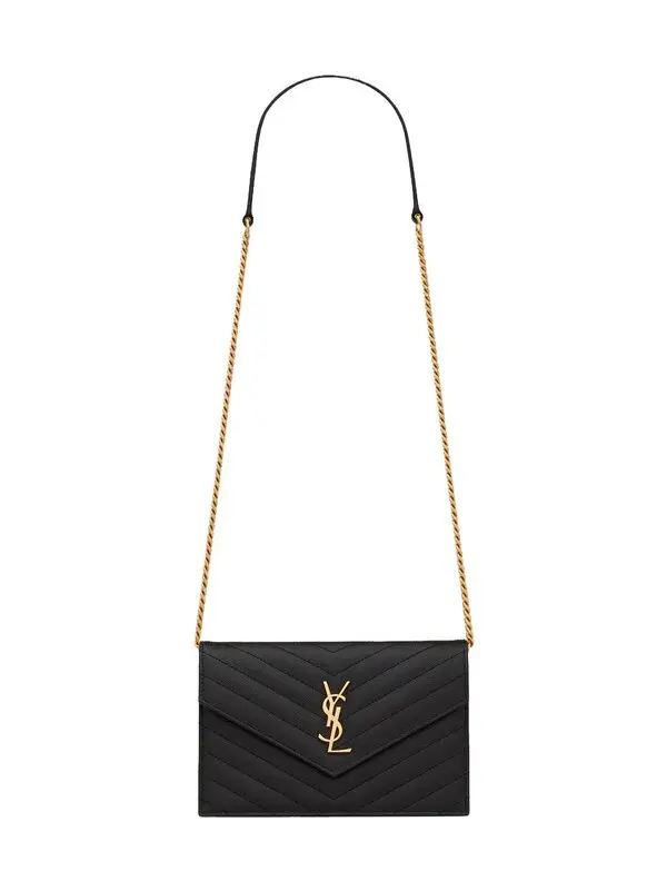 Saint Laurent Cassandre Envelope Chain Wallet In Grain De Poudre Leather - Black