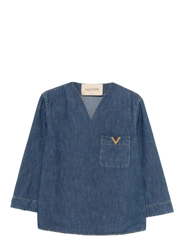 Valentino Garavani V-neck Denim Shirt With Logo Detail - Blue