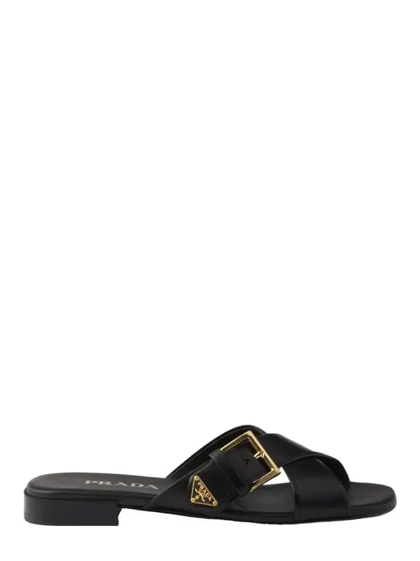 Prada Leather Crisscross Slides With Buckle - Black