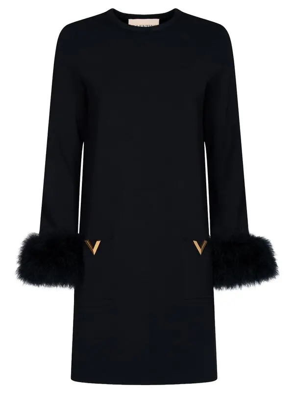 Valentino Garavani V Logo Feather-detail Knitted Dress - Black