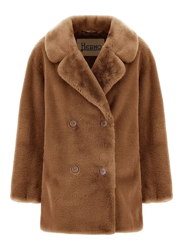 Herno Double-breasted Faux Fur Coat - Brown