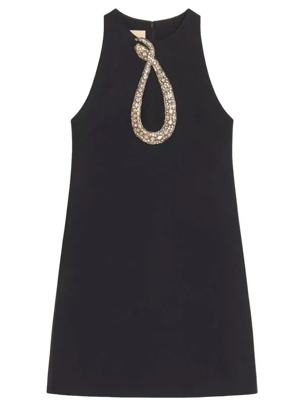 Valentino Garavani Rhinestone Snake Embroidery Crepe Couture Short Dress - Black