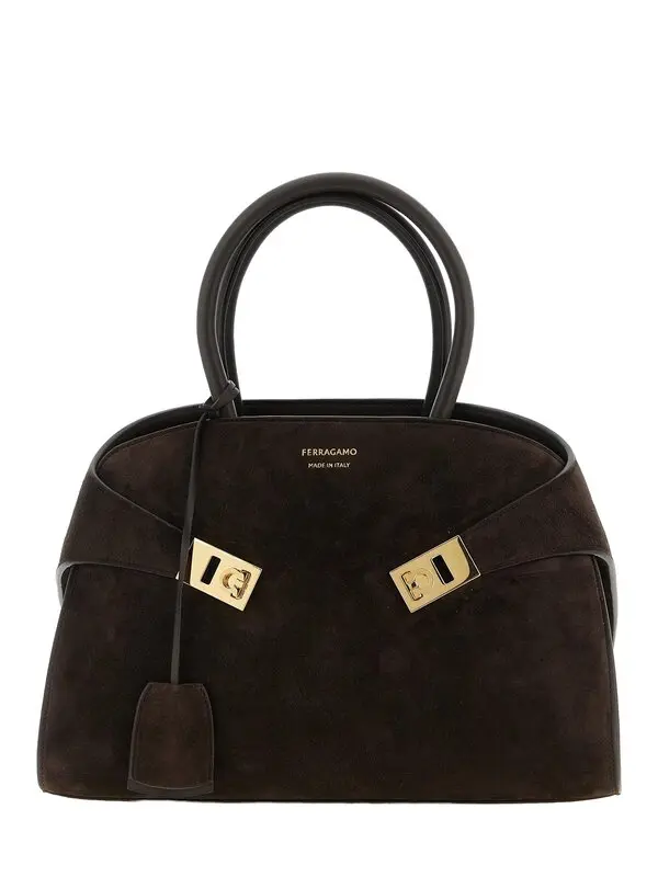 FERRAGAMO Suede Handbag With Gancini Buckle - Brown