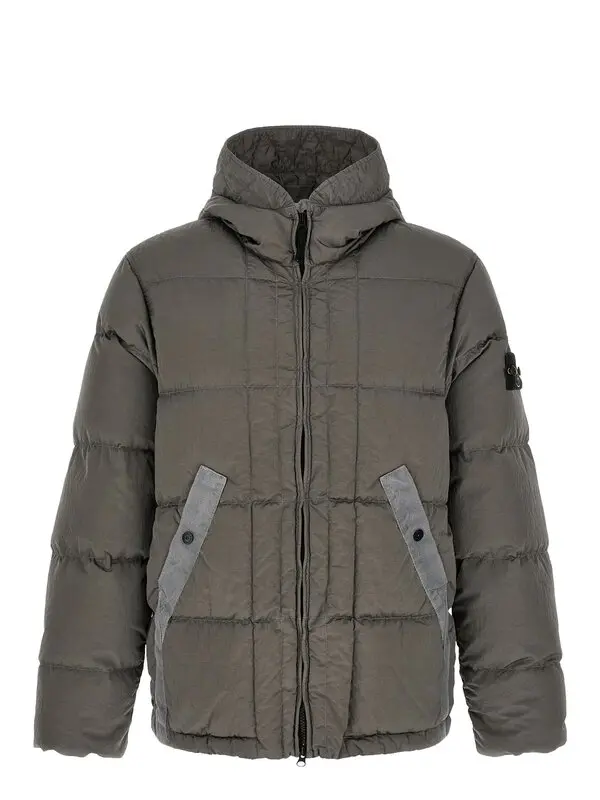 Stone Island Down Jacket With Crumpled Effect And Hood - Gray