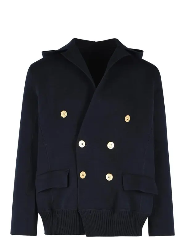 Sacai Double-breasted Navy Cotton Blend Blazer With Hood - Blue