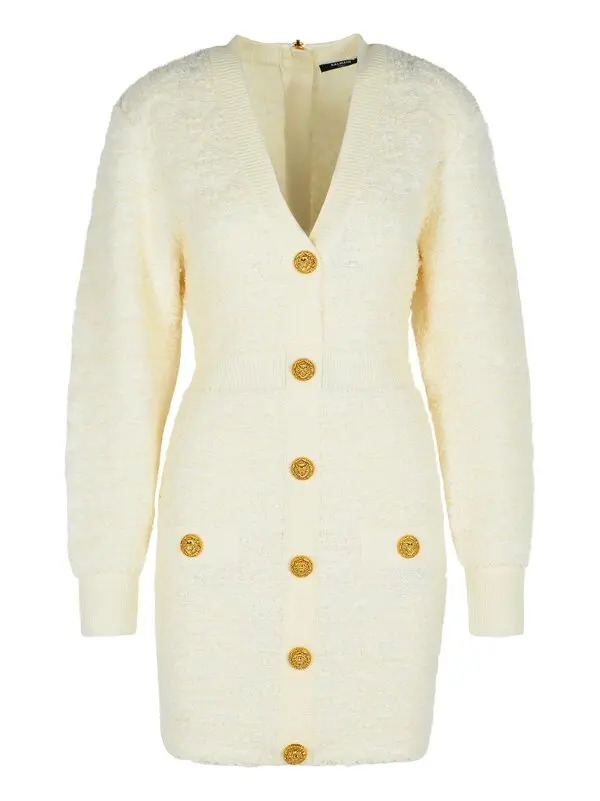 Balmain V-neck Wool Blend Dress - White
