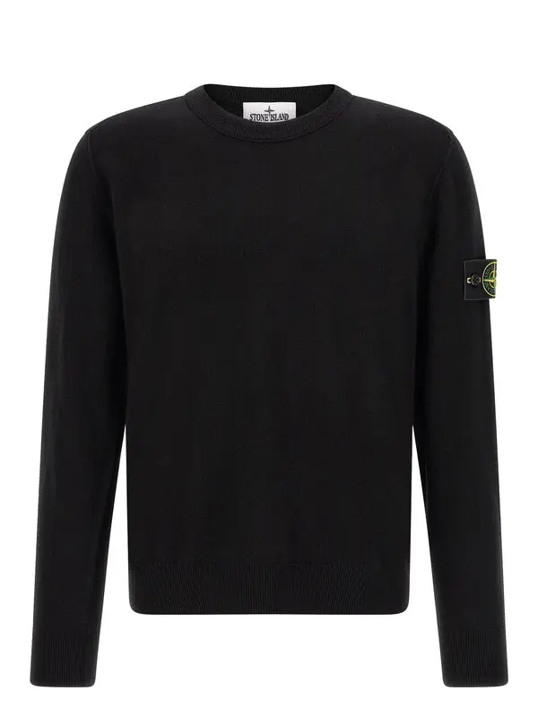 Stone Island Virgin Wool Crew Neck Sweater With Iconic Badge - Black