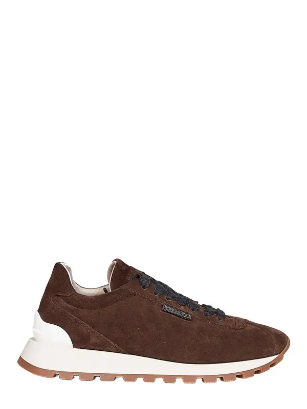 Brunello Cucinelli Espresso Suede Runners With Embroidered Shiny Tab - Multicolor