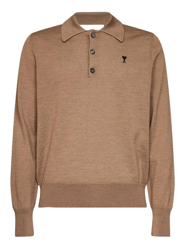 AMI Paris Camel Extra-fine Merino Wool Knit De Cœur Polo Shirt - Multicolor