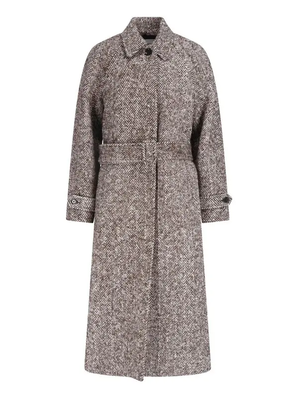 LARDINI Herringbone Wool Belted Long Coat - Brown