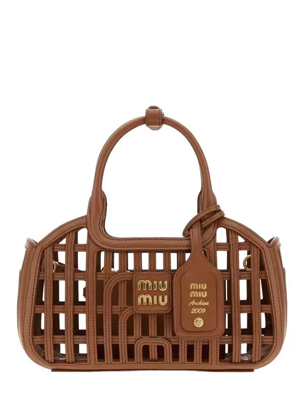 Miu Miu Mini Leather Handbag With Lattice Detail - Brown