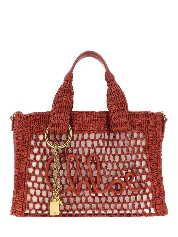 Chloé Raffia Banana Shopping Handbag With Golden Metal Hardware - Red
