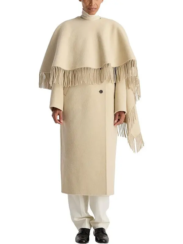 RÓHE Wool Double Faced Cape Overlay Fringe Coat - Butter