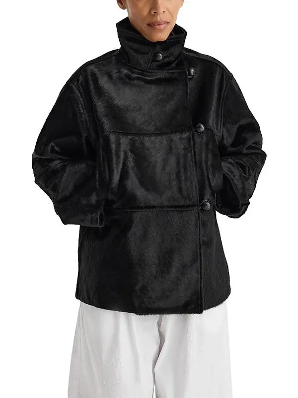 RÓHE Pony Hair Leather Stand Collar Jacket - Black