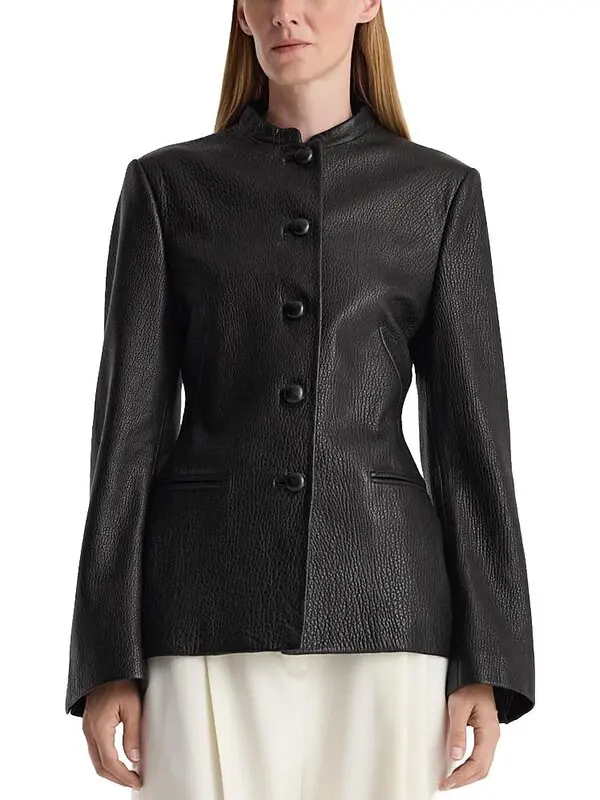 RÓHE Leather Collarless Button Front Jacket - Black