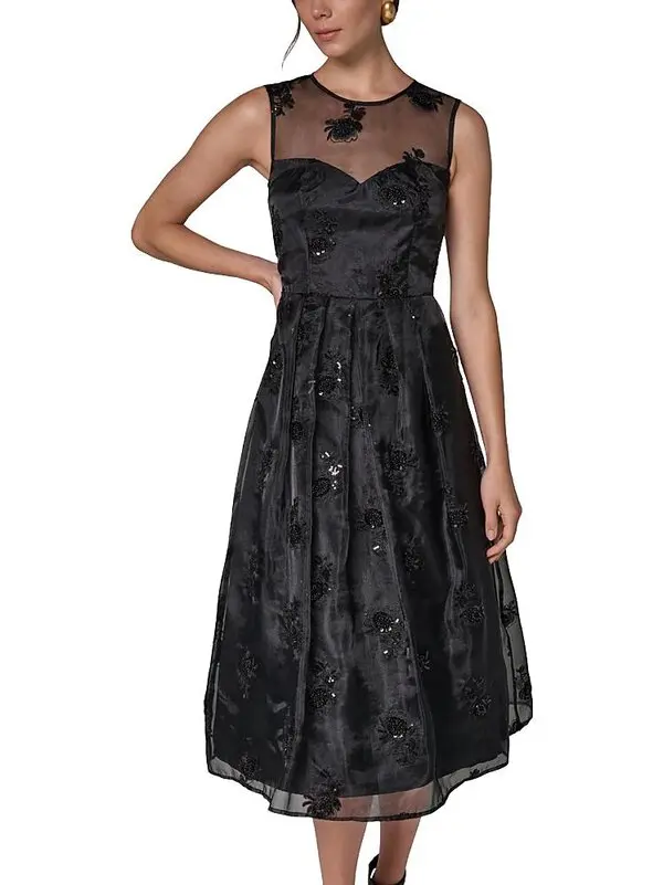 Donna Karan New York Illusion Neck Bead Embroidered Fit & Flare Dress - Black