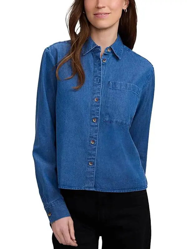 Foxcroft Jodie Cotton Button Front Denim Shirt - Medium Wash