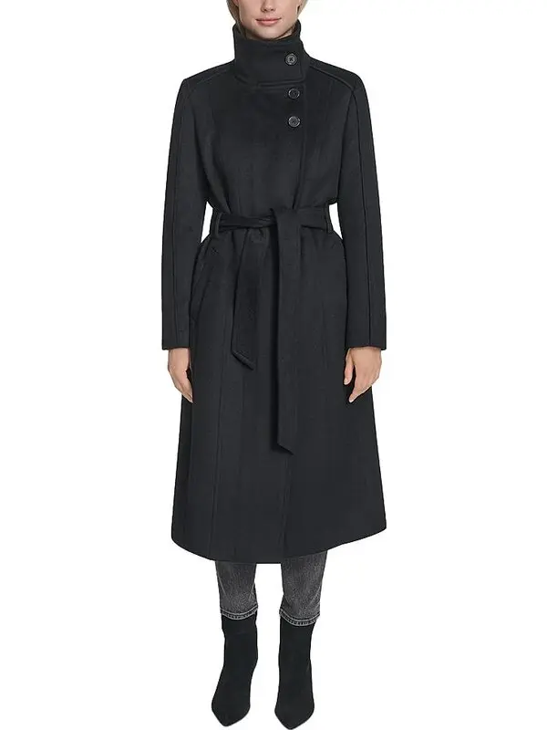 Cole Haan Asymmetrical Belted Wool Blend Coat - Black