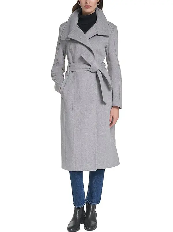 Cole Haan Asymmetrical Belted Wool Blend Coat - Light Grey