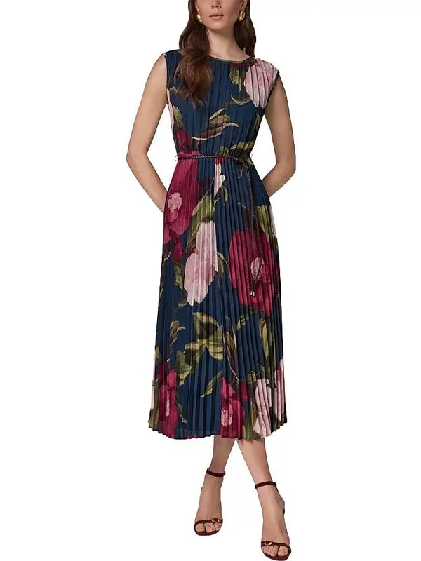 Donna Karan New York Printed Chiffon Pleated A Line Midi Dress - Navy/ Black