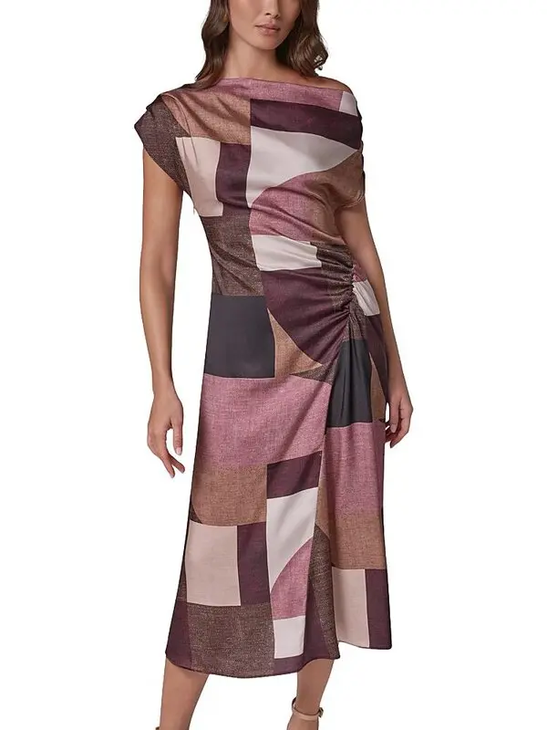 Donna Karan New York Printed Asymmetrical Off-the-shoulder Side Ruched Dress - Black/ Camel Multi