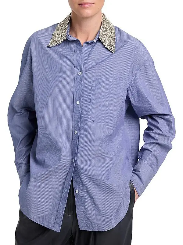 TWP Big Joe Embellished Collar Cotton Shirt - Midnight/white