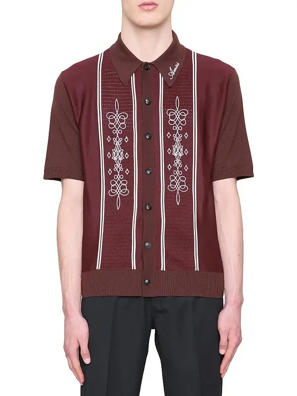 Amiri Paneled Knit Short Sleeve Shirt - Brick