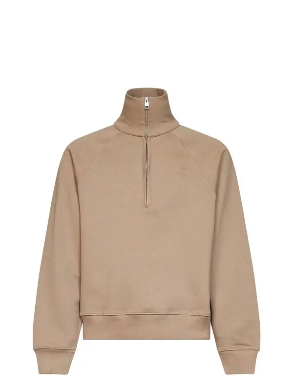 AMI Paris Beige Cotton De Cœur Half-zip Sweatshirt - Multicolor