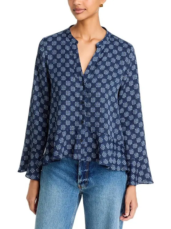 EMME Printed Crepe Flounce Shirt - Navy
