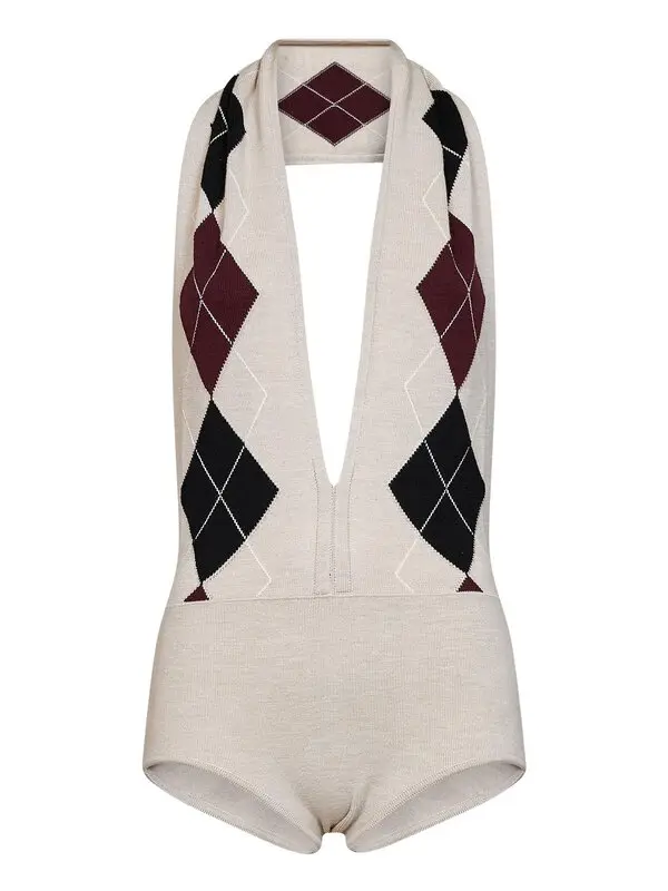 MUGLER Beige Argyle-pattern Virgin Wool Knit Bodysuit - Multicolor