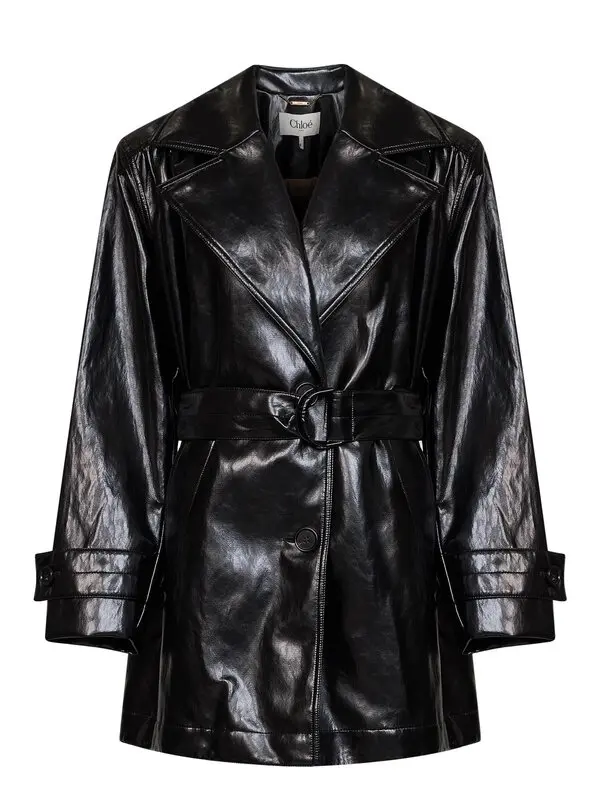Chloé Black Shiny Coated Viscose Belted Trench Coat - Multicolor