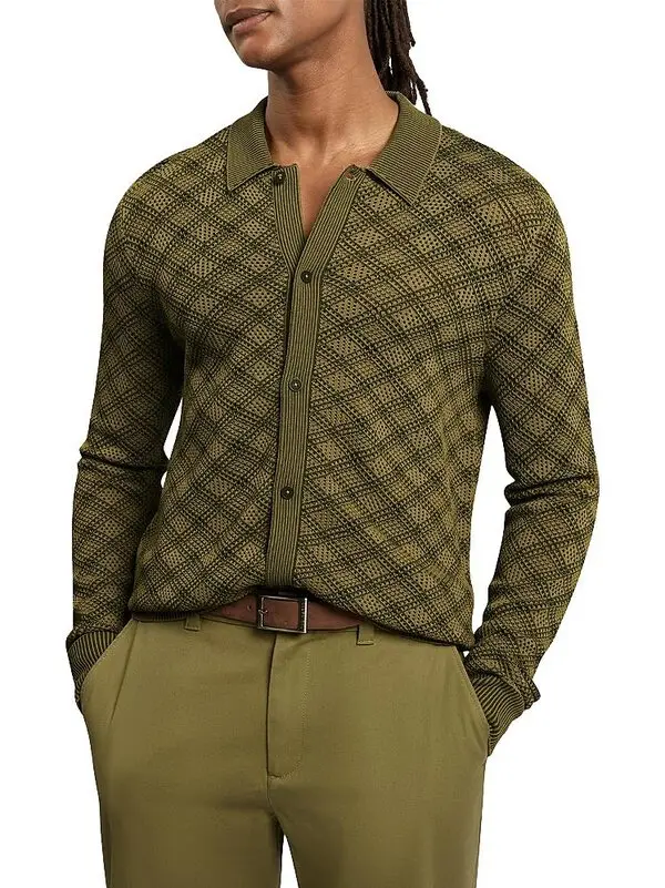 Ted Baker London Kearl Long Sleeve Geometric Stitch Sweater Polo - Olive