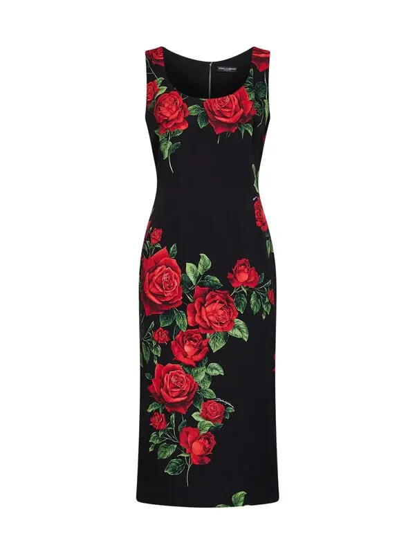 Dolce & Gabbana Black Rose-print Stretch Charmeuse Midi Sheath Dress - Multicolor