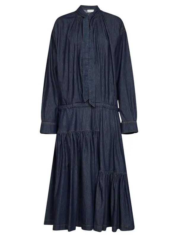 Dries Van Noten Indigo Cotton Denim Midi Dress With Tie Detail - Multicolor