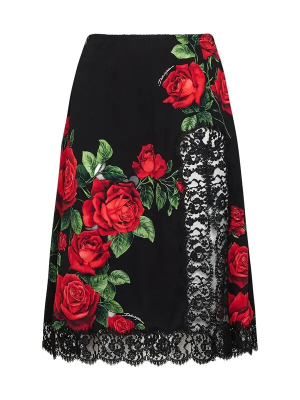 Dolce & Gabbana Black Rose-print Silk-blend And Black Flared Midi Skirt - Multicolor