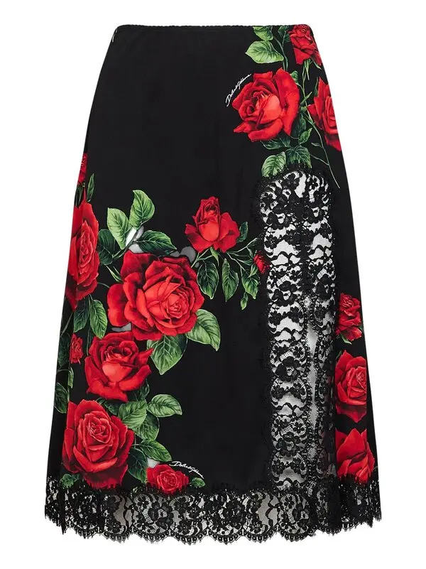 Dolce & Gabbana Black Rose-print Flared Midi Skirt - Multicolor