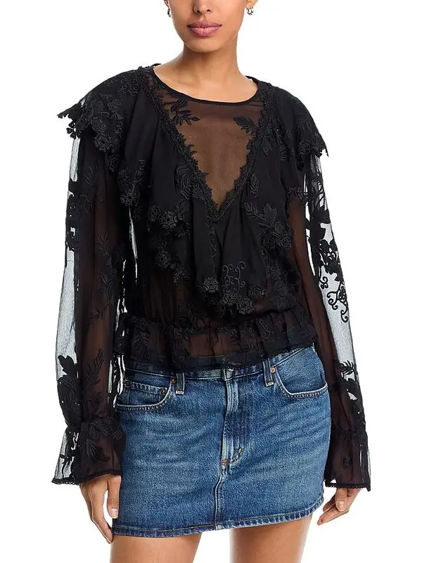 Paige Akari Embroidered Silk Blouse - Black