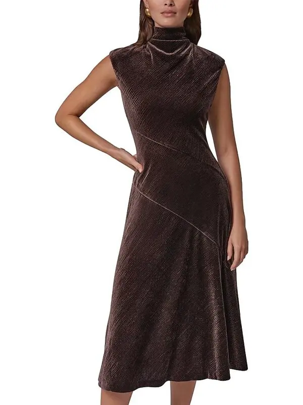 Donna Karan New York Crinkled Velvet Mock Neck A-line Midi Dress - Espresso
