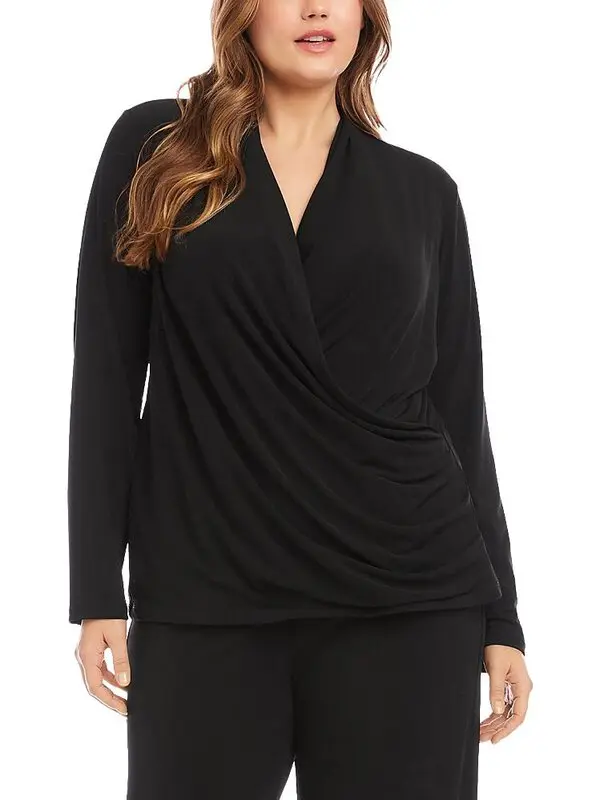 Karen Kane Drape Front Crossover V Neck Top - Black