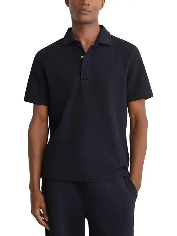 REISS Reed Textured Concealed Placket Polo Shirt - Navy