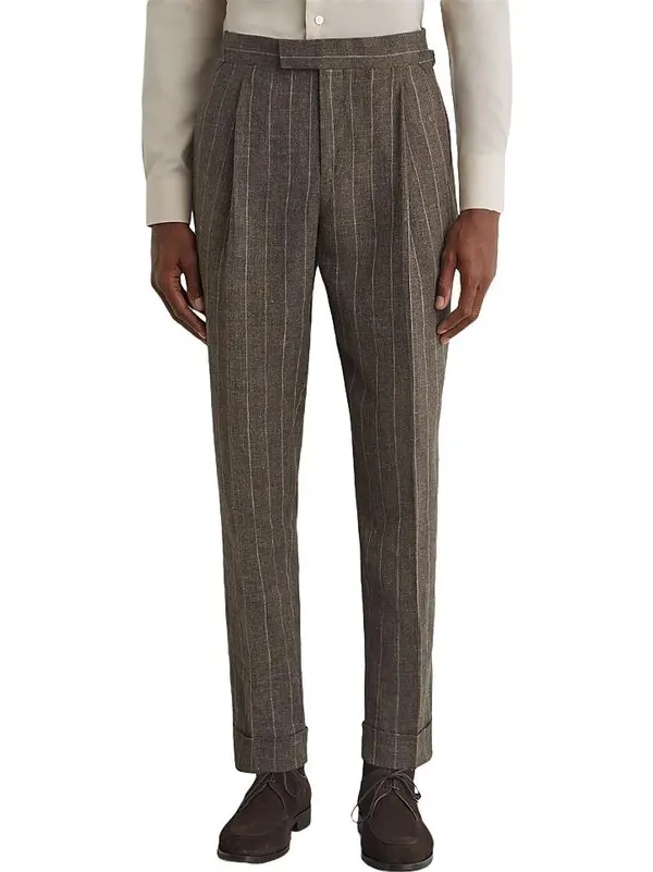 REISS Miramare Side Tab Linen & Cotton Blend Trousers - Brown