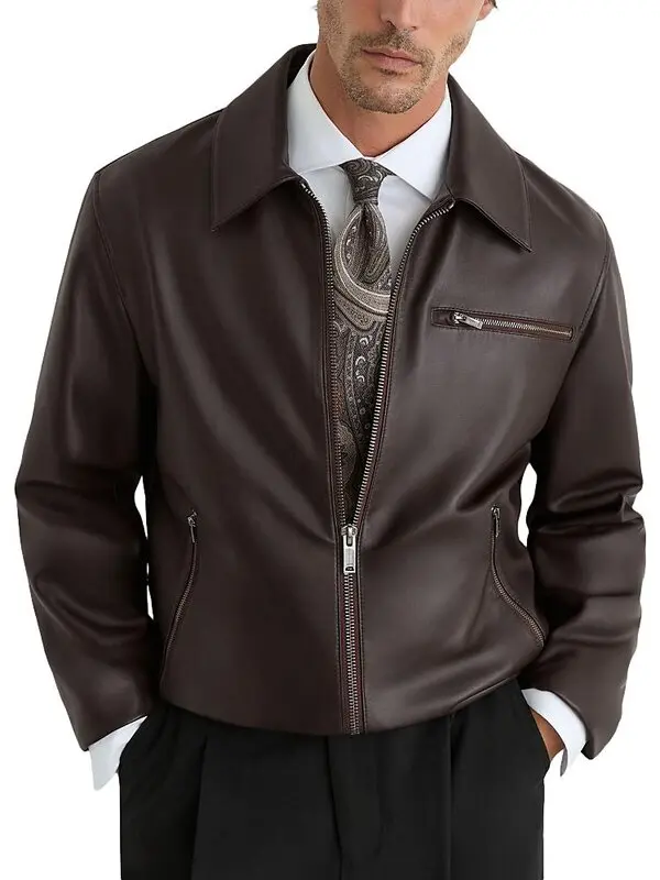 REISS Strader Leather Jacket - Brown