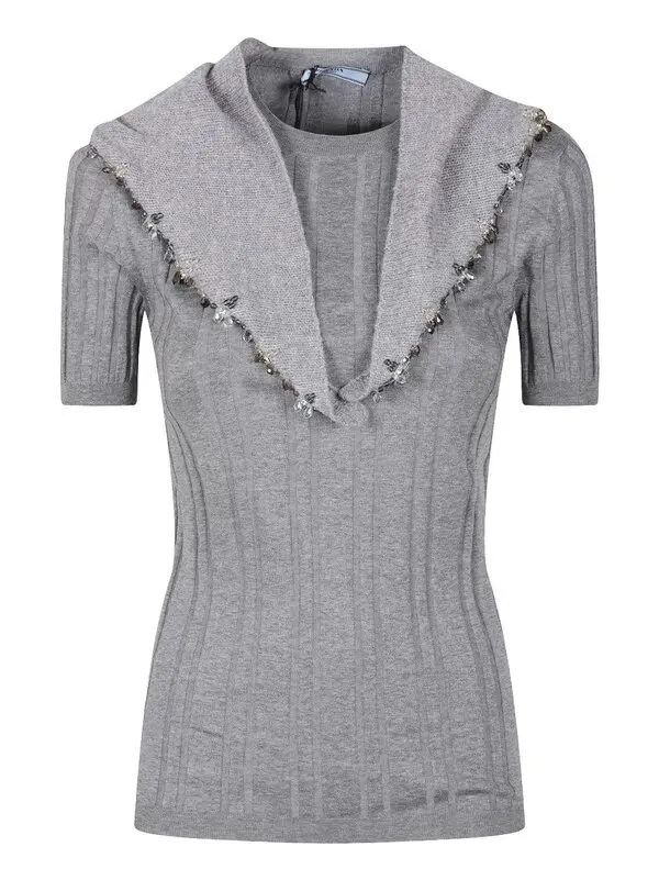 Prada Ribbed Cotton Knit Sailor Collar Sweater - Gray