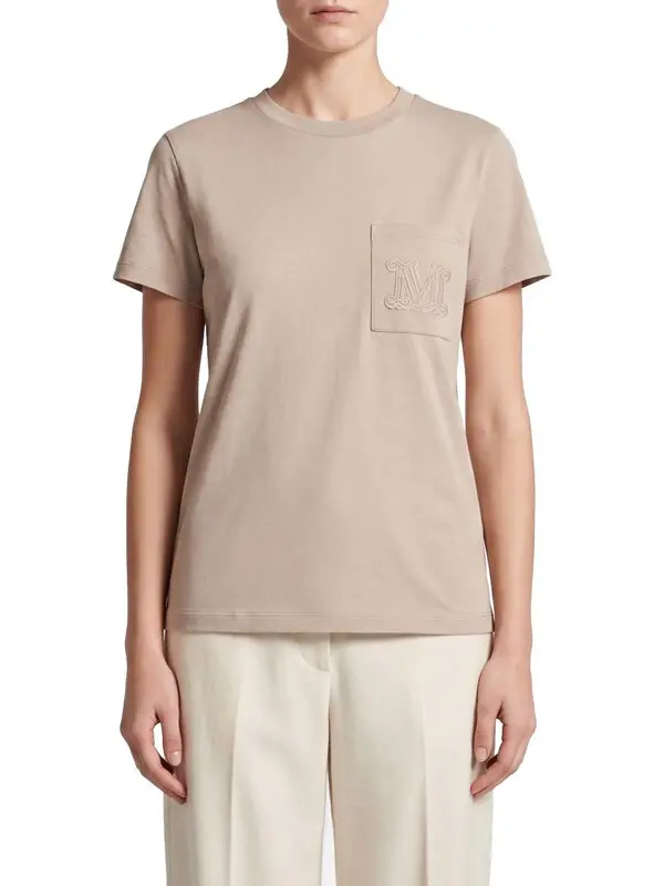Max Mara Cotton T-shirt With Monogram And Patch Pocket - Gray