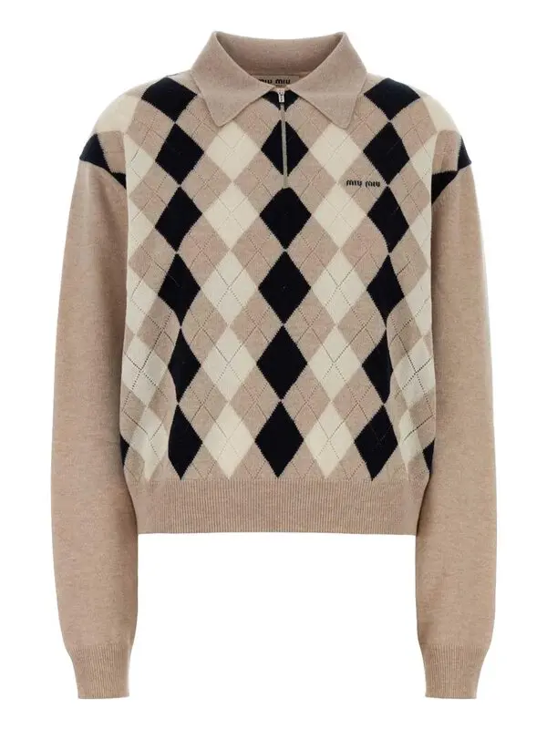 Miu Miu Argyle Knit Half-zip Sweater - Cream