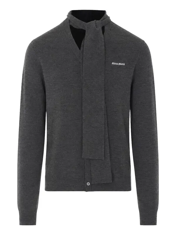 Miu Miu Charcoal Virgin Wool Blend Sweater With Tie Detail - Multicolor