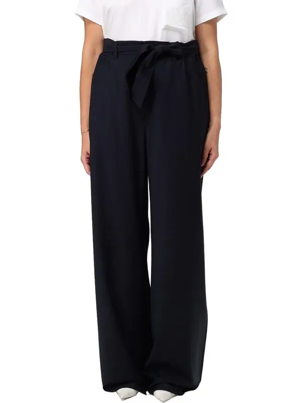 Max Mara Wide Leg Virgin Wool Trousers With Tie Belt - Blue
