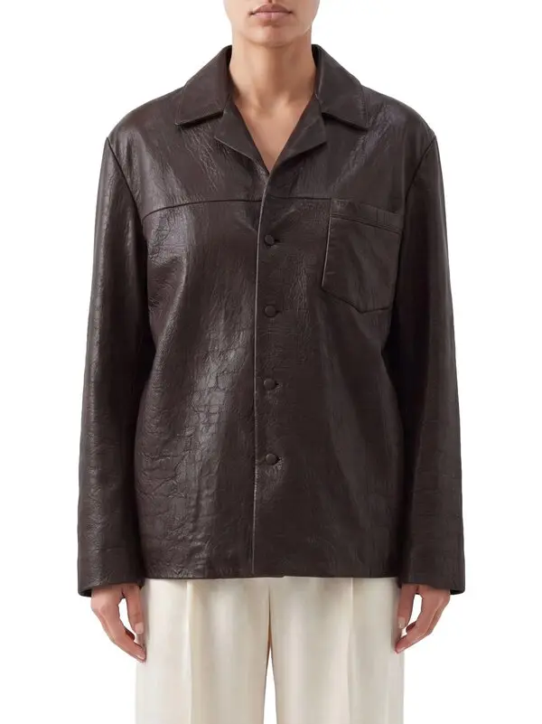 Saint Laurent Cropped Lambskin Leather Shirt Jacket With Patch Pockets - Brown